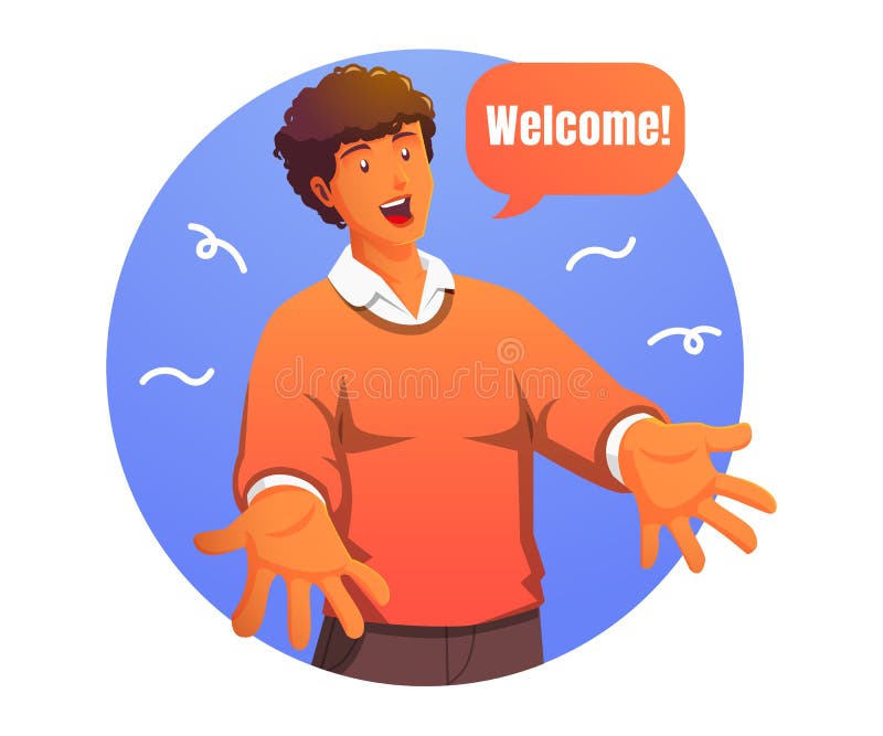Cheerful Man Gesturing Welcome Sign and Smiling Stock Vector ...