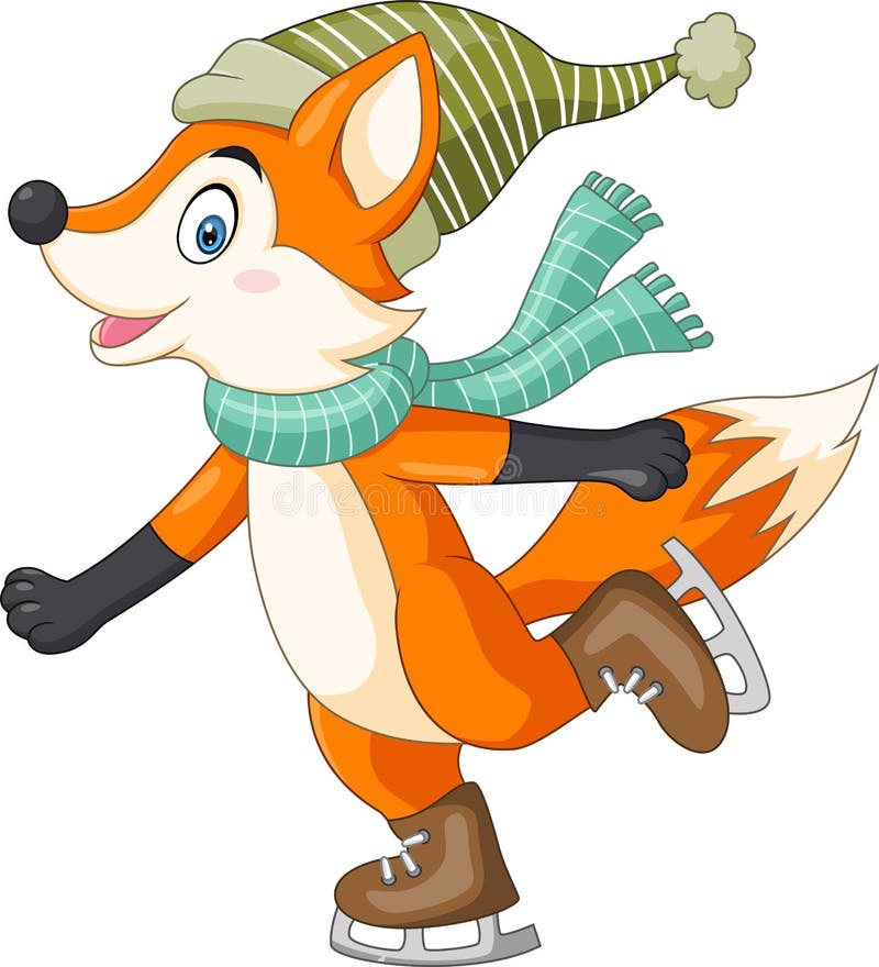 Cute Fox Cartoon Wearing Scarf and Hat on Ice Skating Stock ...