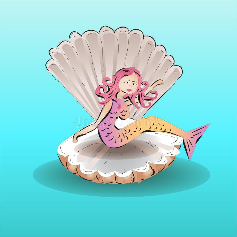 Fairy Tale Beautiful Little Mermaid on a Scallop Vector Illustration ...