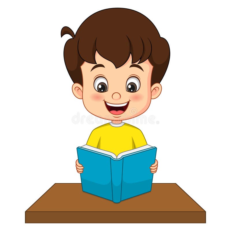 Cartoon Little Boy Reading a Book on the Desk Stock Vector ...