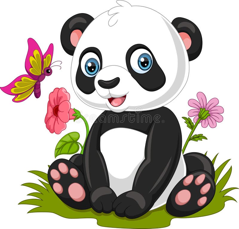 Cartoon Little Panda Sitting in the Grass Stock Vector - Illustration ...