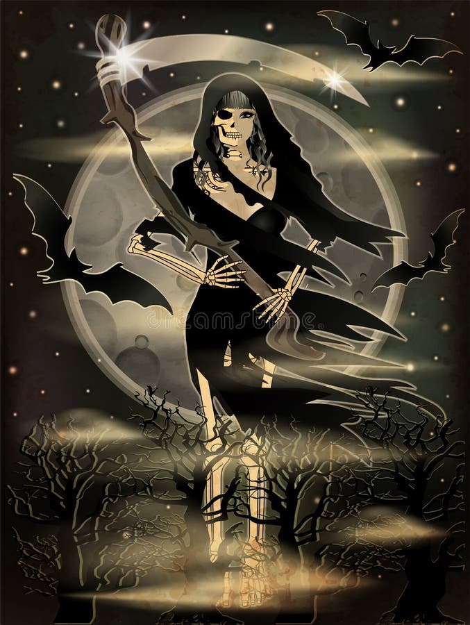 Lady Grim Reaper, Halloween Card Vector Stock Vector - Illustration of ...
