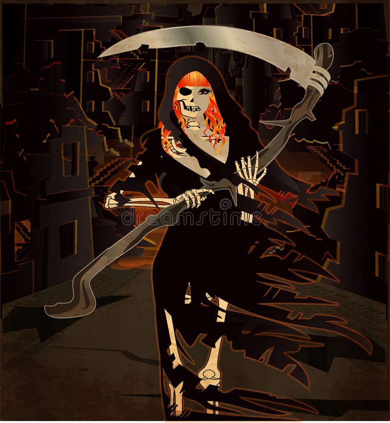 Redhair Lady Grim Reaper in a Ruined City, Vector Stock Vector ...