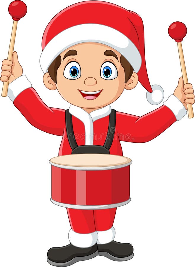 Cartoon Little Boy in Red Santa Clothes Playing Drums Stock Vector ...