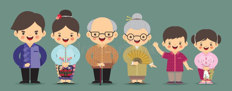 Peranakan Baba Nyonya Cartoon Family Stock Vector - Illustration of ...