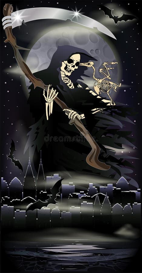 Grim Reaper with Crow in City, Halloween Full Moon Card Stock Vector ...