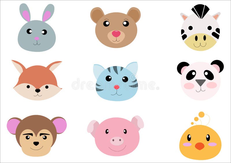 Set of Animal Heads Collection.Characters Portrait Cute Animal Faces on ...