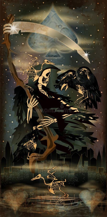 Halloween Poker Spades Card Grim Reaper with Crow Skeleton in Night ...