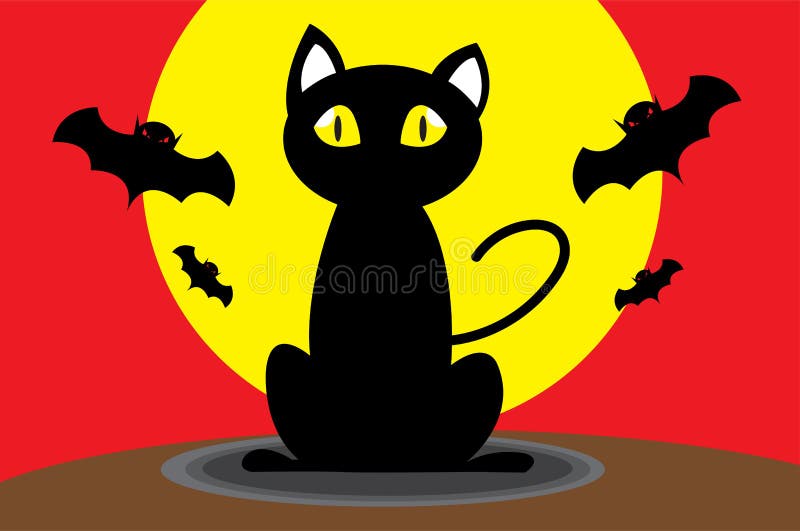 Cartoon Vector Halloween Bat Flying Near Black Cat. Stock Vector ...