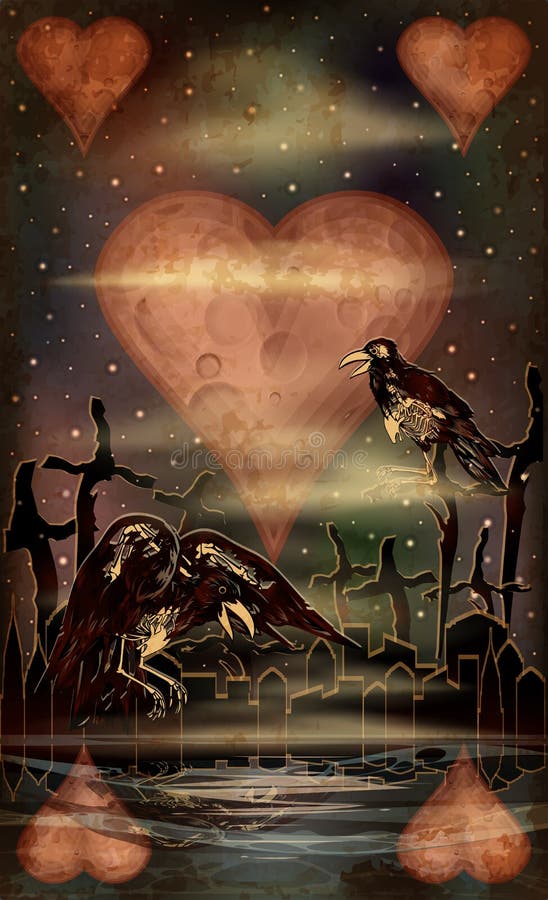 Halloween Poker Hearts Card, Cemetery and Dead Crow Stock Vector ...
