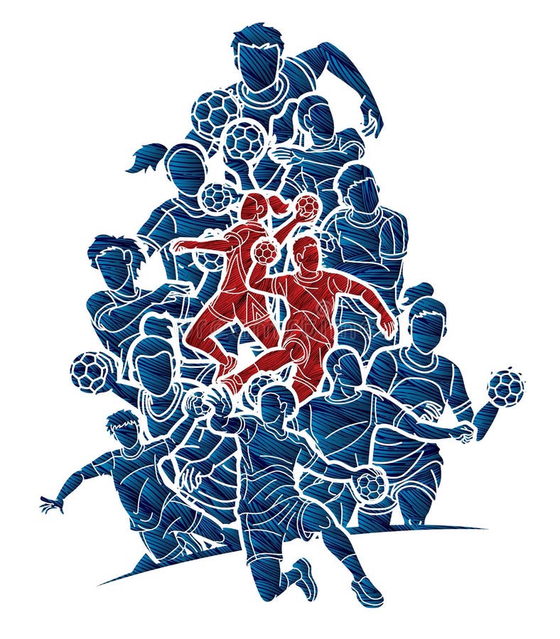 Group of Handball Players Male and Female Action Together Cartoon Sport ...
