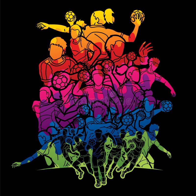 Group of Handball Players Male and Female Action Together Cartoon Sport ...