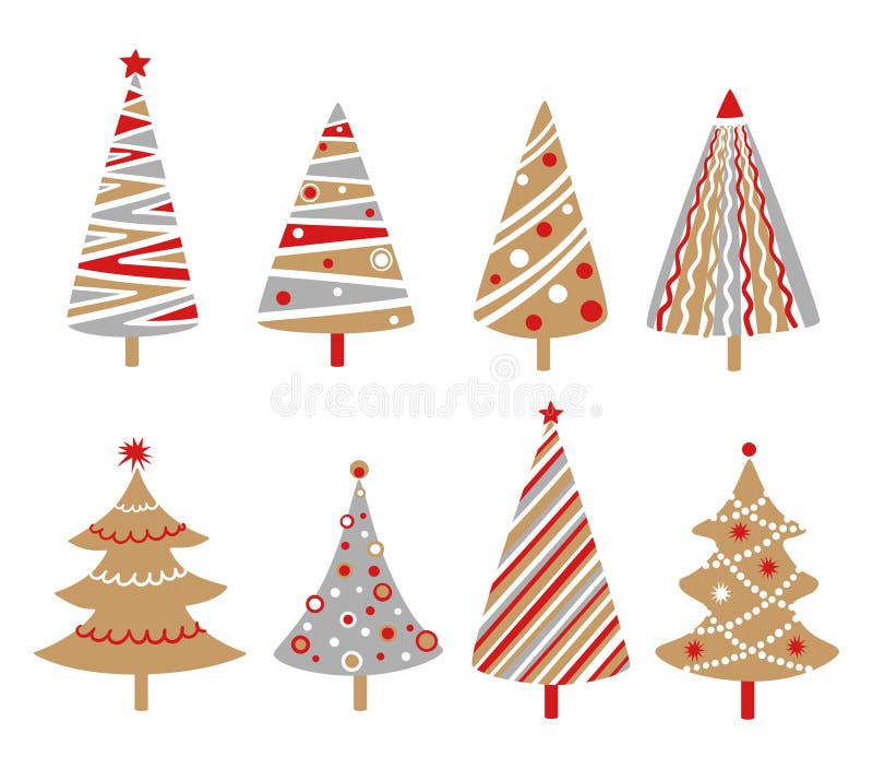 Hand Drawn Doodle Christmas Tree Set. Gold Silver Color Cartoon Style ...