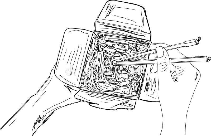 Eating Food from a Box with Chopsticks Outline Vector Illustratio Stock ...