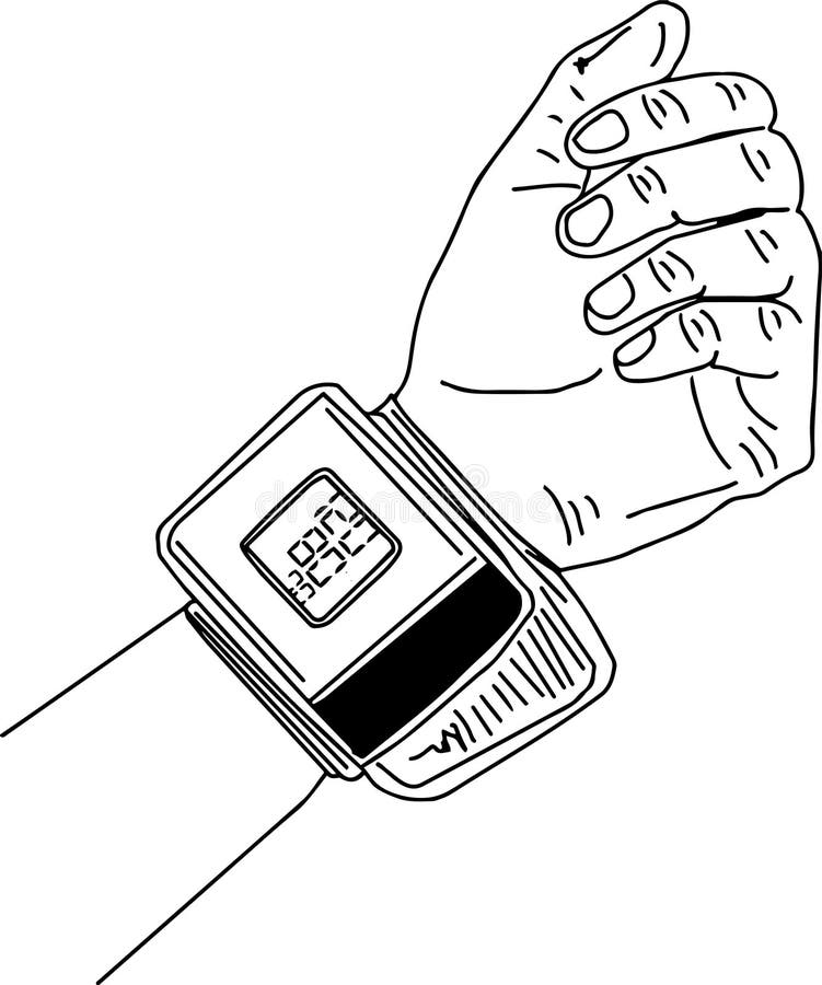 Wrist Blood Pressure Monitor, Outline Sketch Drawing of a Hand Wearing ...