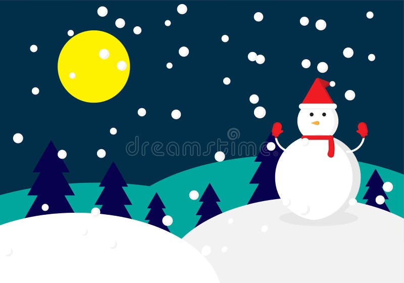 Snowman and Snow Falling at Night at Christmas Christmas Tree and Moon ...