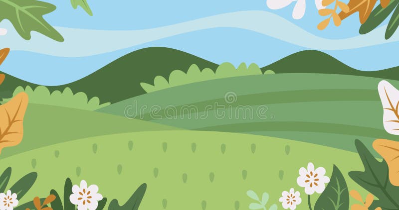Cute Cartoon Flowers and Leaves Grass Field Background Stock ...