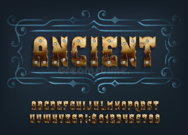 Ancient Alphabet Font. Gold Letters and Numbers Inlaid Gemstones Stock ...