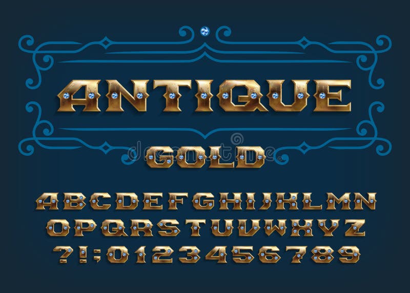 Antique Gold Alphabet Font. Golden Letters and Numbers Inlaid Blue ...