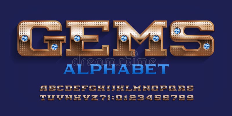 Gems Alphabet Font. Gold Letters and Numbers with Blue Gemstones Stock ...