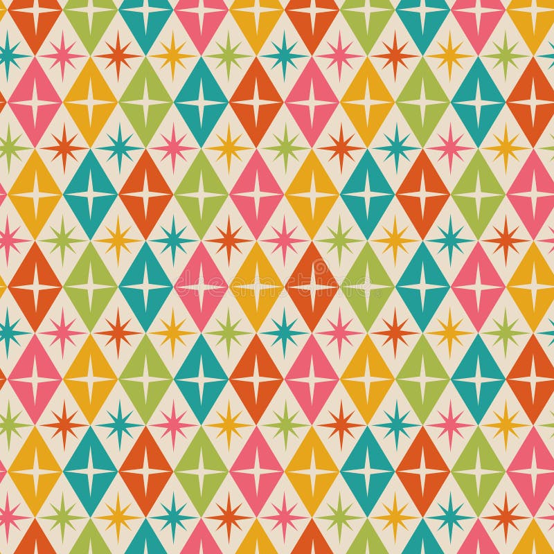 Mid Century Modern Atomic Starburst on Retro Diamond Shapes Seamless ...