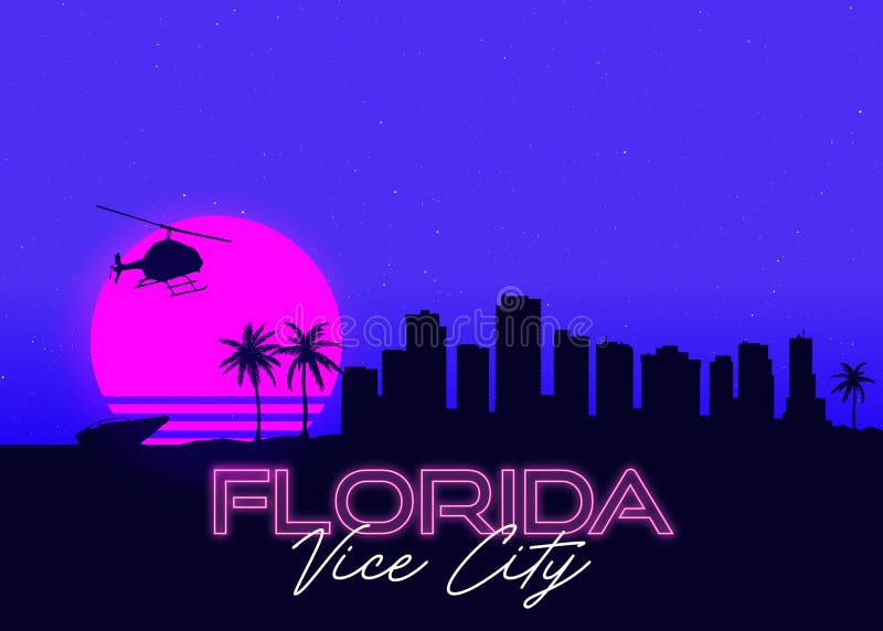 Miami Florida Vice City USA Landscape Retro Skyline 80 S Style Vapor ...