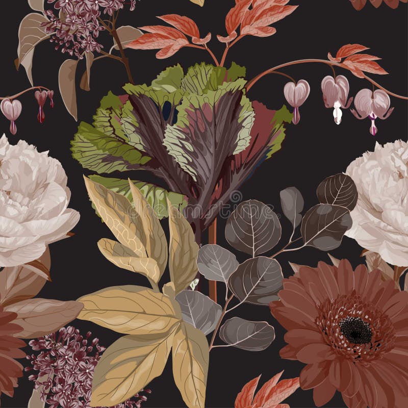 Botanical Seamless Pattern, Hand Drawn Various Plants and Flowers in ...