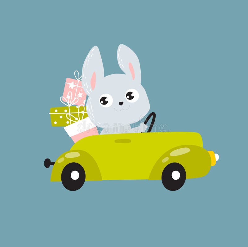 Print. a Cute Rabbit is Carrying Gifts by Car. Cartoon Hare. Delivery ...