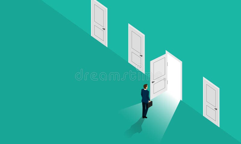 Businessman Stands at the Door of Many Opportunities Stock Vector ...