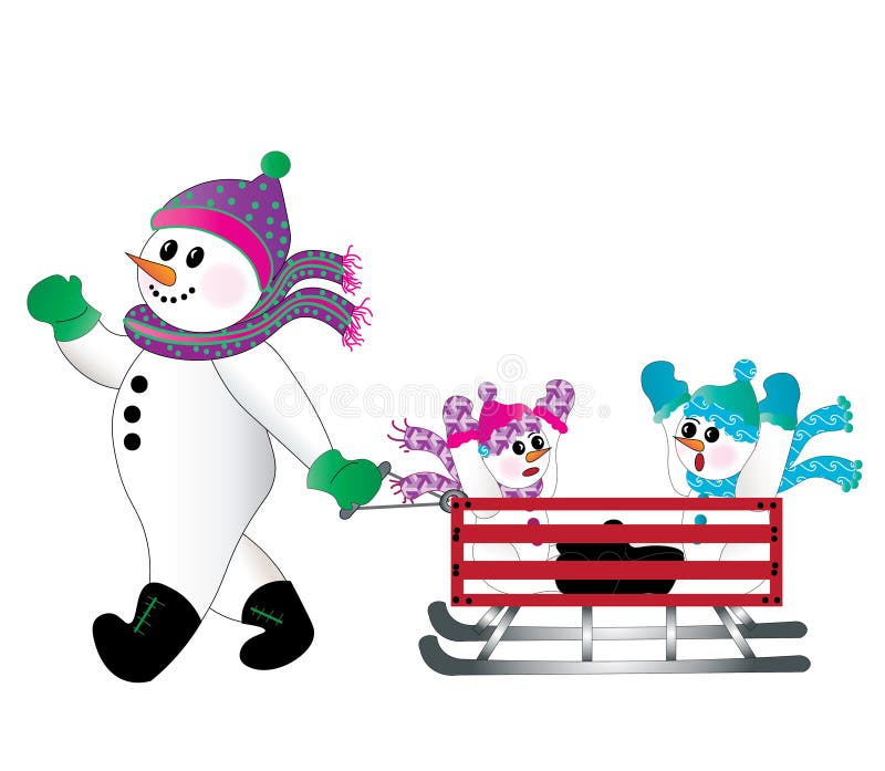 Snowman Lady Pulls Red Wagon with Snow Kids Inside it. Stock ...