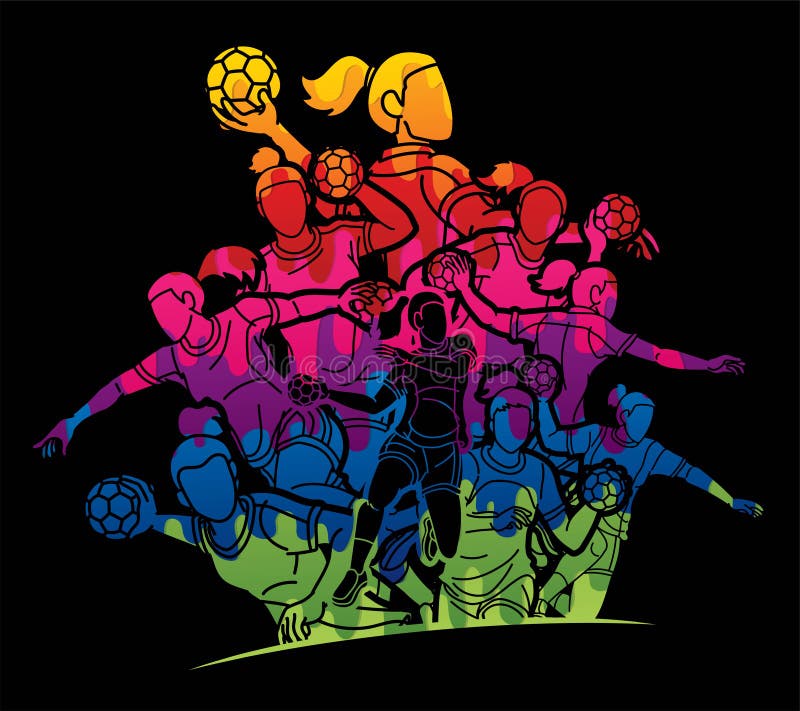 Group of Handball Female Players Mix Action Cartoon Sport Graphic ...