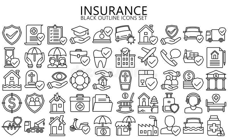 Insurance Black Outline Icons Set Stock Vector - Illustration of ...