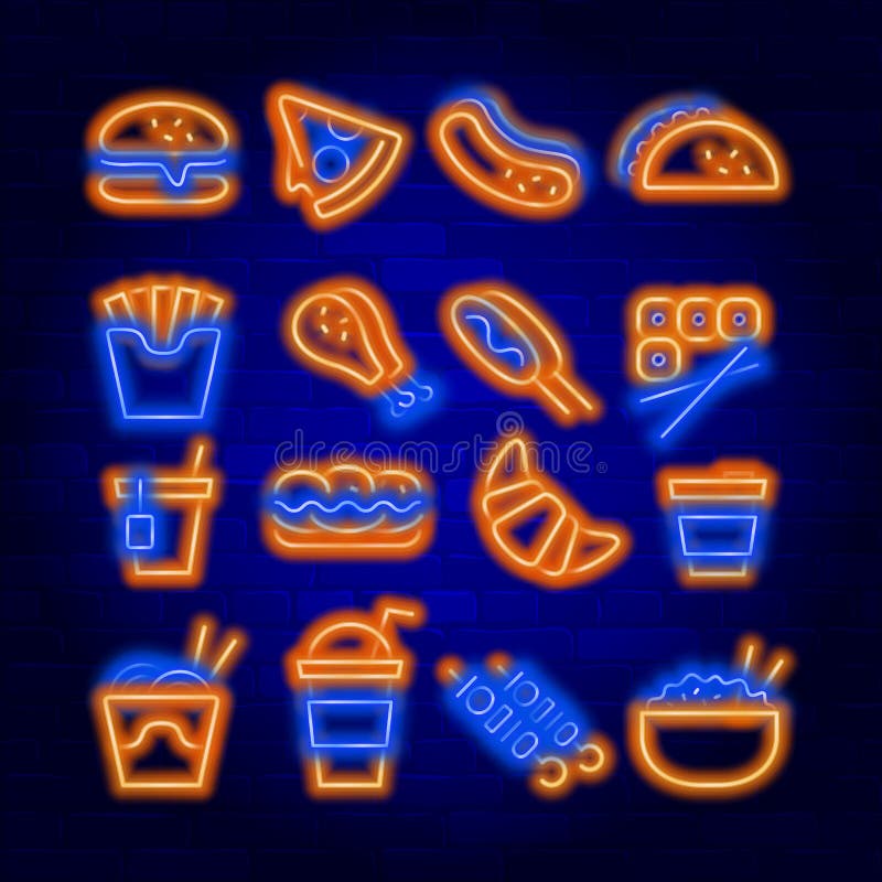Fast Food Vector Neon Icons Set. Stock Vector - Illustration of neon ...