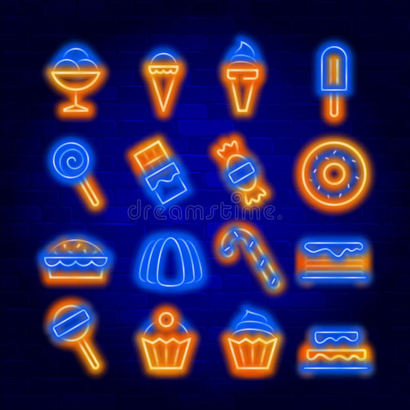 Dessert Food Vector Neon Icons Set. Stock Vector - Illustration of ...