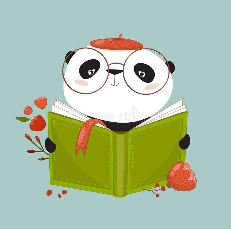Print. Vector Cartoon Panda Reading. Panda is Learning. Cute Panda with ...