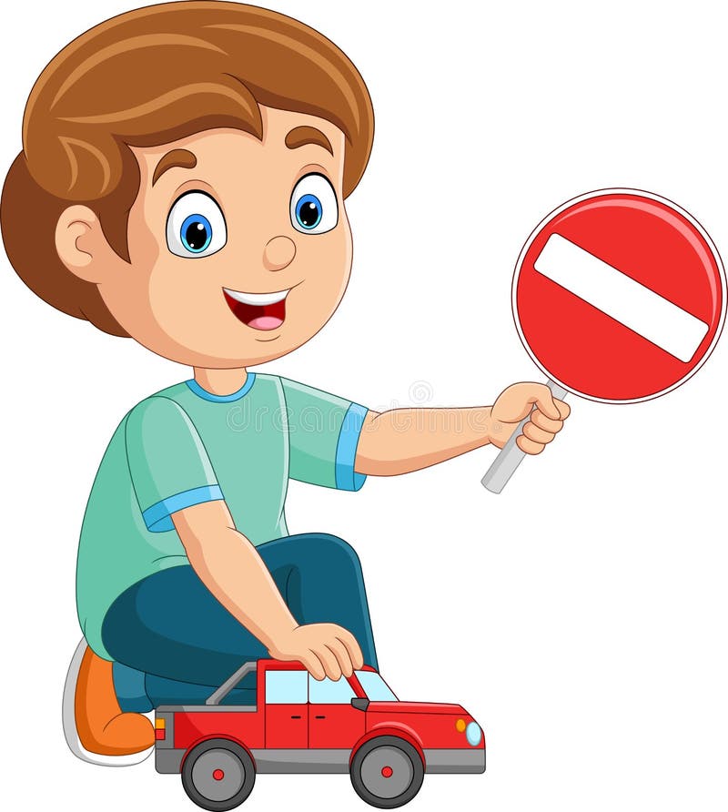 Cute Little Boy Playing Car with Holding Stop Sign Stock Vector ...