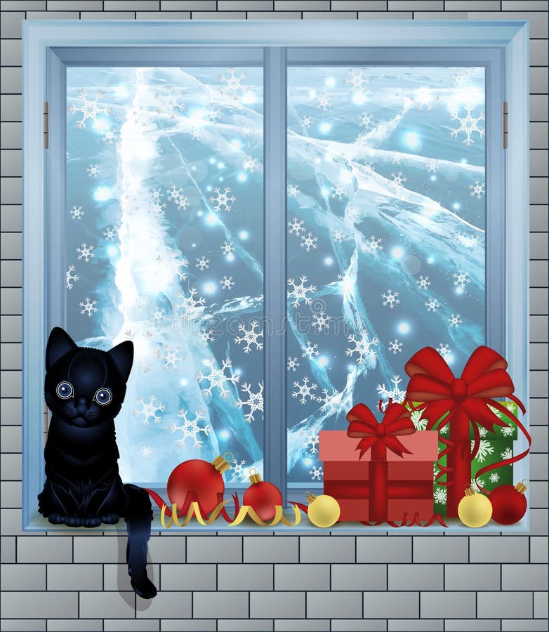 Merry Christmas Winter Window with Xmas Balls, Gifts and Cat Stock ...