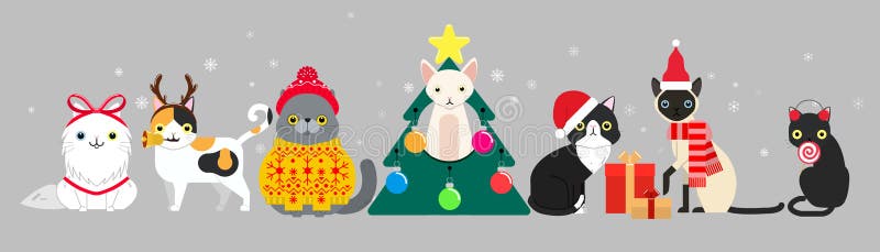 Collection of Christmas Cats, Merry Christmas Illustrations of Cute ...