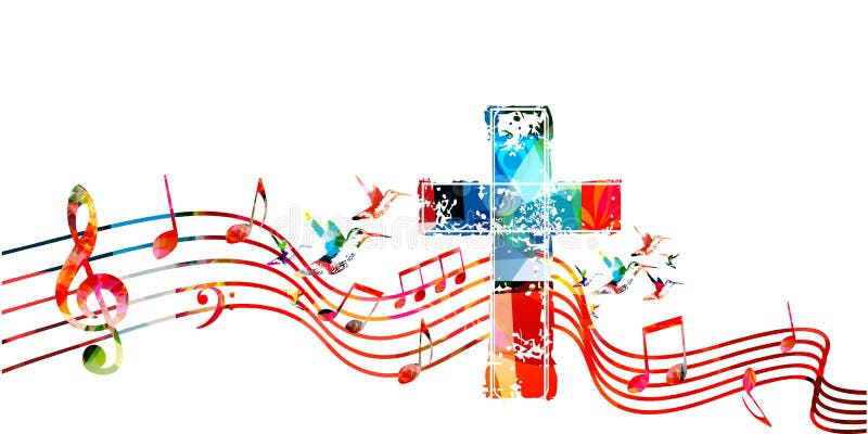 Colorful Vibrant Christian Cross with Musical Notes Stave Isolated ...