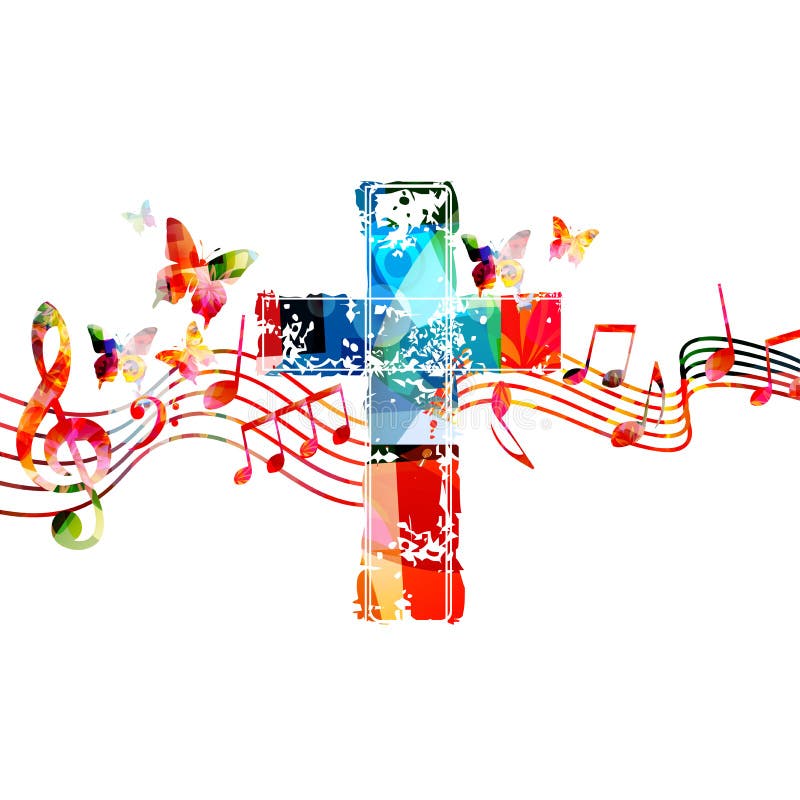 Colorful Vibrant Christian Cross with Musical Notes Stave Isolated ...