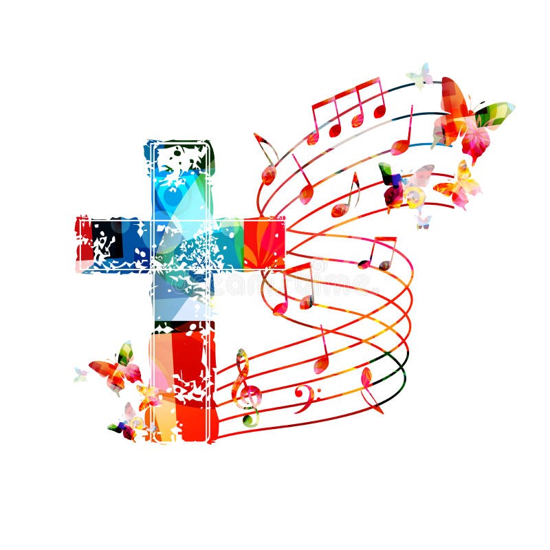 Colorful Vibrant Christian Cross with Musical Notes Stave Isolated ...