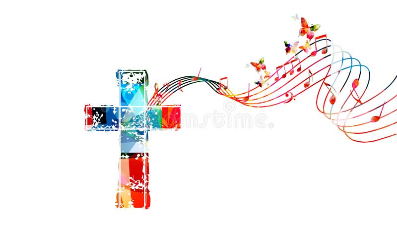 Colorful Vibrant Christian Cross with Musical Notes Stave Isolated ...