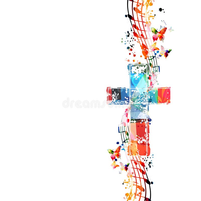 Colorful Vibrant Christian Cross with Musical Notes Stave Isolated ...