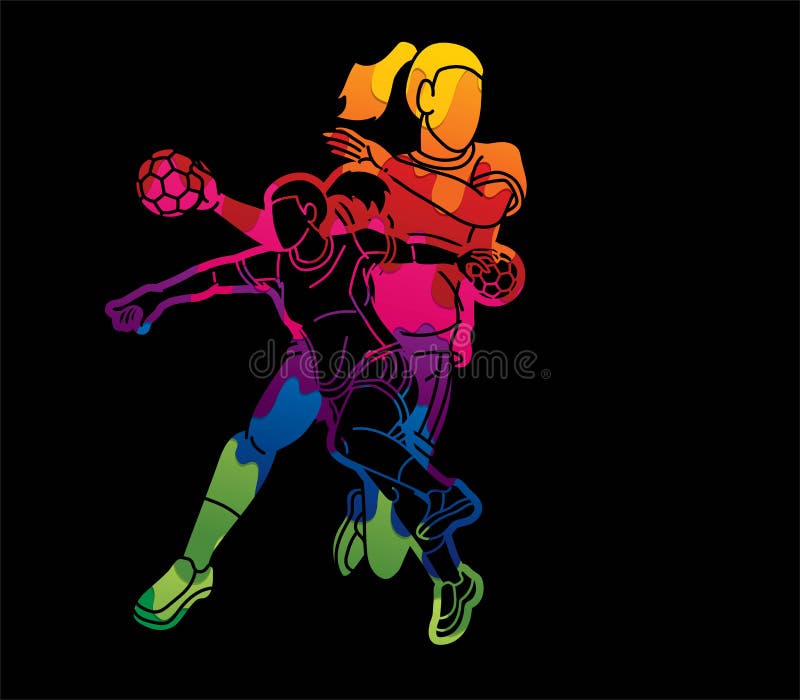 Group of Handball Players Female Mix Action Cartoon Sport Team Graphic ...