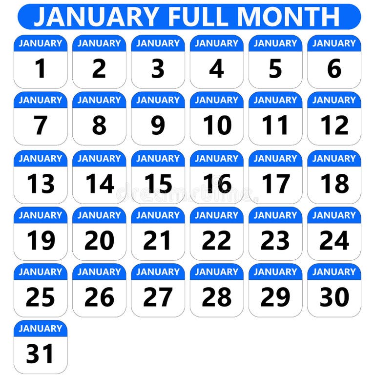 Set Full January Date of Month Calendar in Blue Flat Design Stock ...