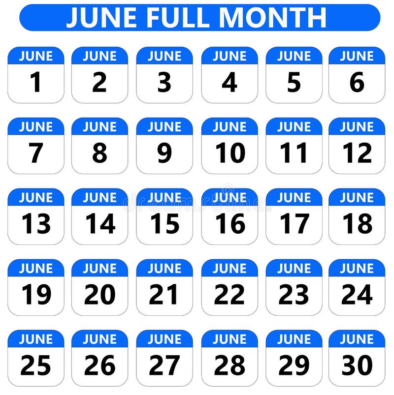 Set Full June Date of Month Calendar in Blue Flat Design Stock Vector ...