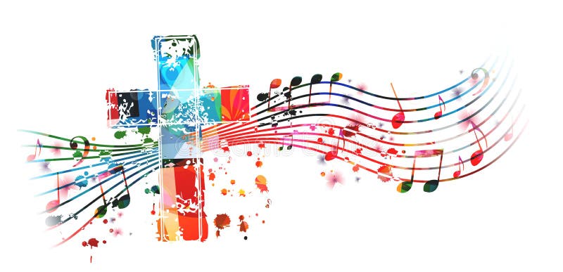 Colorful Vibrant Christian Cross with Musical Notes Stave Isolated ...