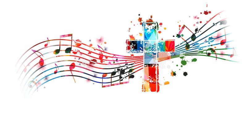 Colorful Vibrant Christian Cross with Musical Notes Stave Isolated ...