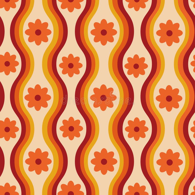 Retro 60s Orange Flowers on Groovy Oval Waves Seamless Pattern on Light ...