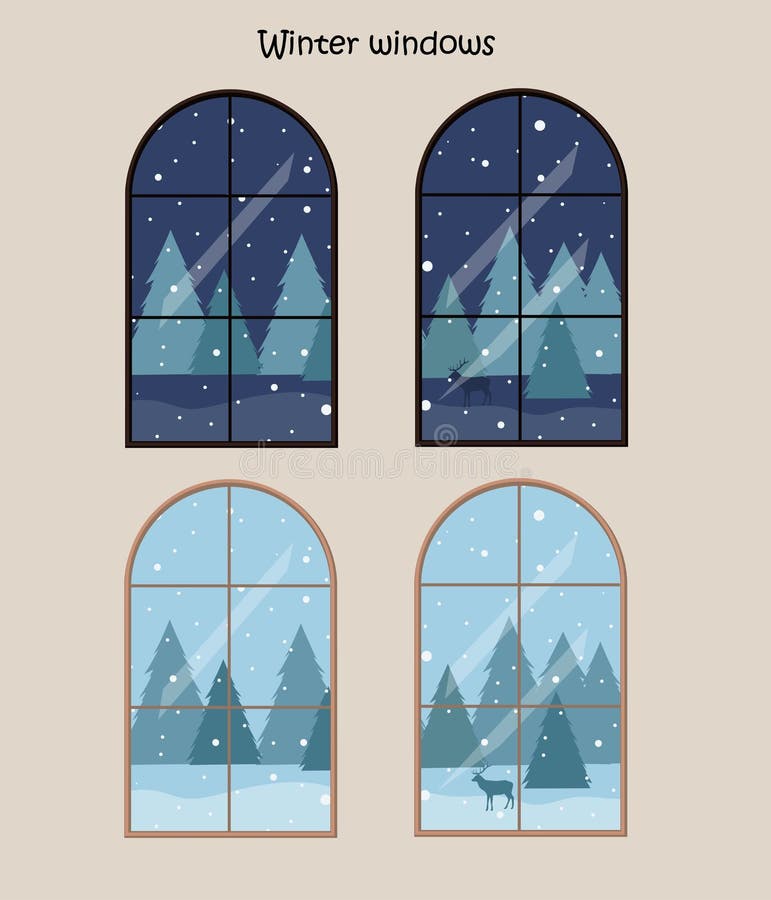 Vector Big Windows with Winter Landscape. Beautiful Christmas Interior ...